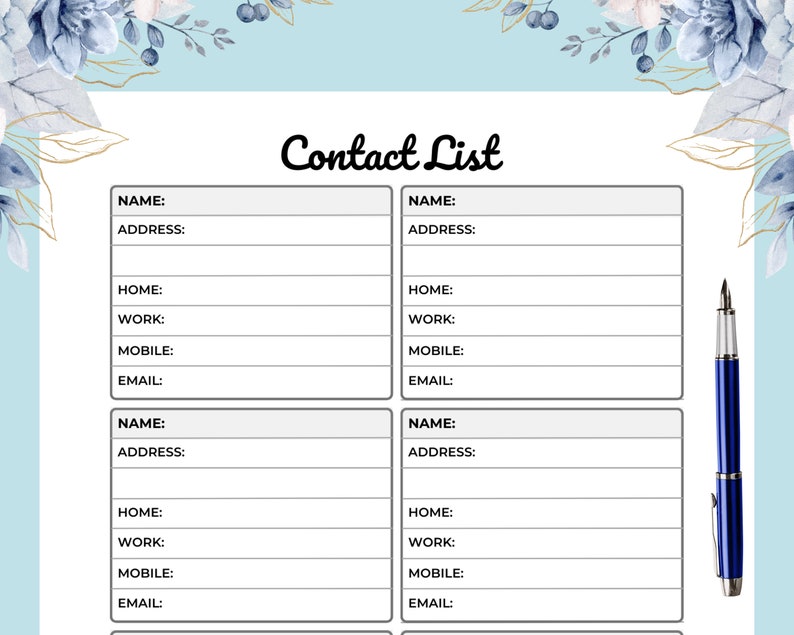 Contact List Printable Personal Contact Organizer Emergency Contact ...