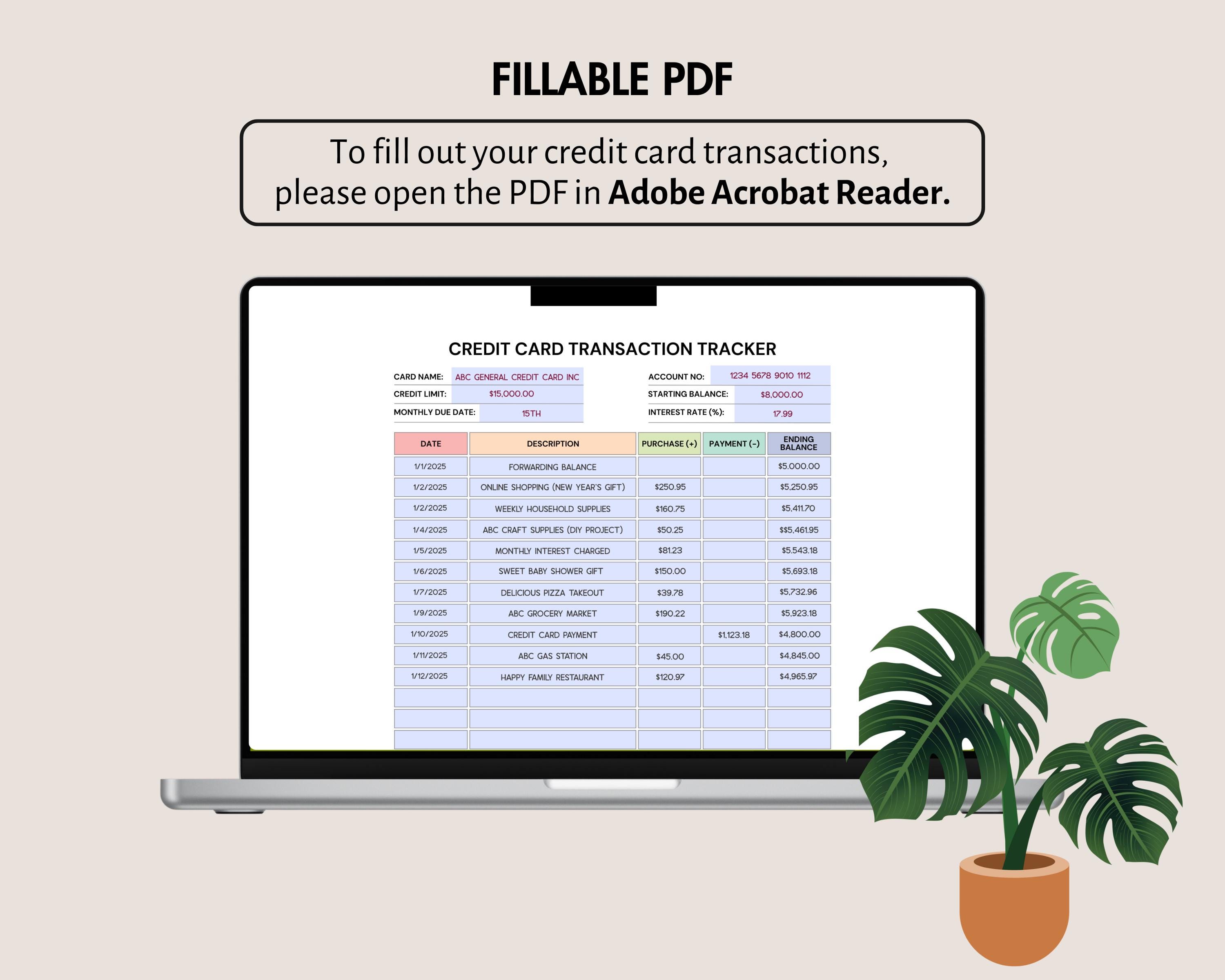 Credit Card Transaction Tracker Printable and Fillable Credit Card Debt ...