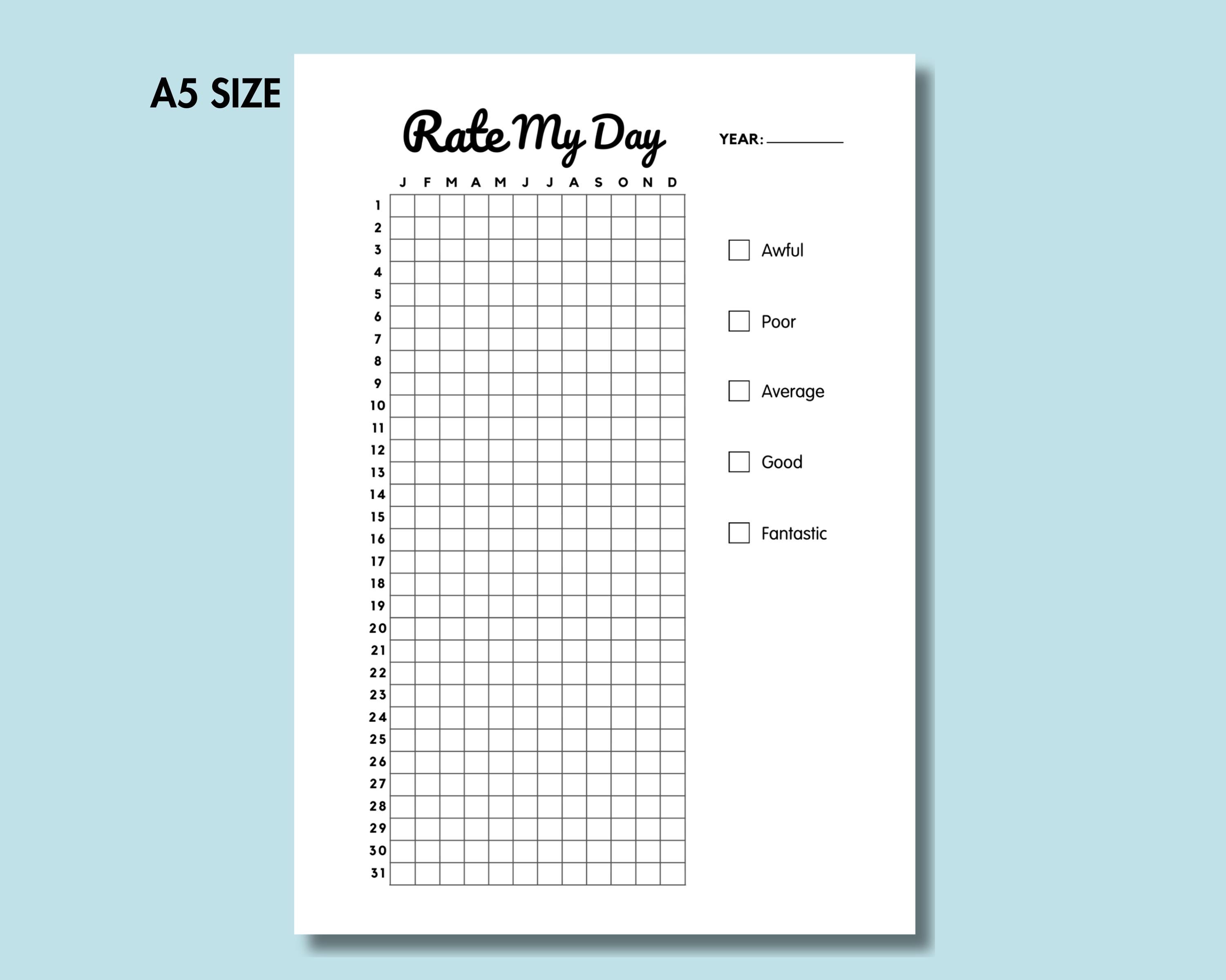 Rate My Day Tracker Printable Daily Rating Tracker Year in Pixels ...