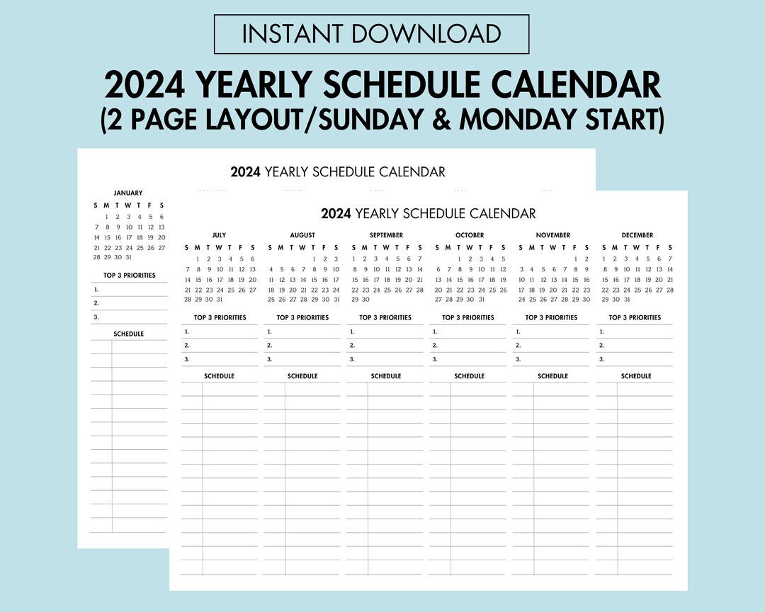 2024 Yearly Schedule Calendar Printable Yearly Planner 2024, Year at A ...