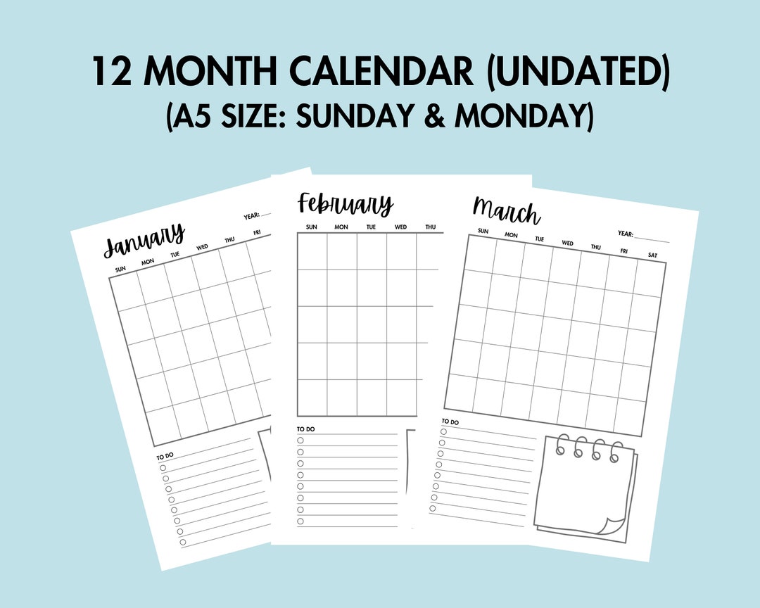 Monthly Calendar Undated Printable Monthly Schedule Organizer PDF ...