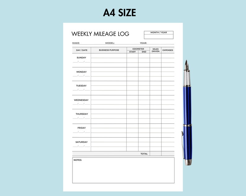 Weekly Business Mileage Log Printable Weekly Mileage Log Tracker PDF ...