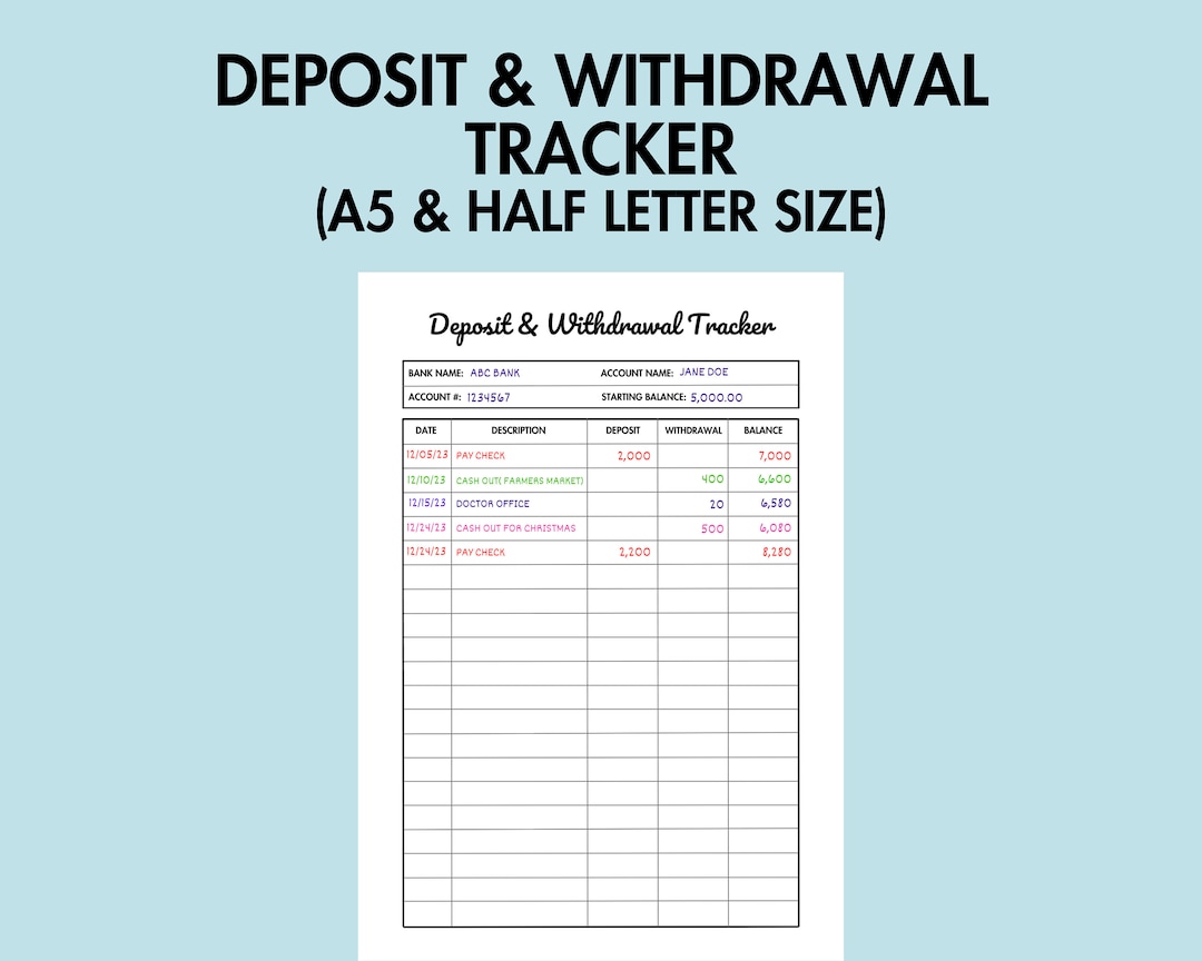 Deposit & Withdrawal Tracker Printable Bank Account Ledger PDF ...
