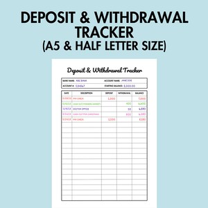 Deposit & Withdrawal Tracker Printable Bank Account Ledger PDF ...
