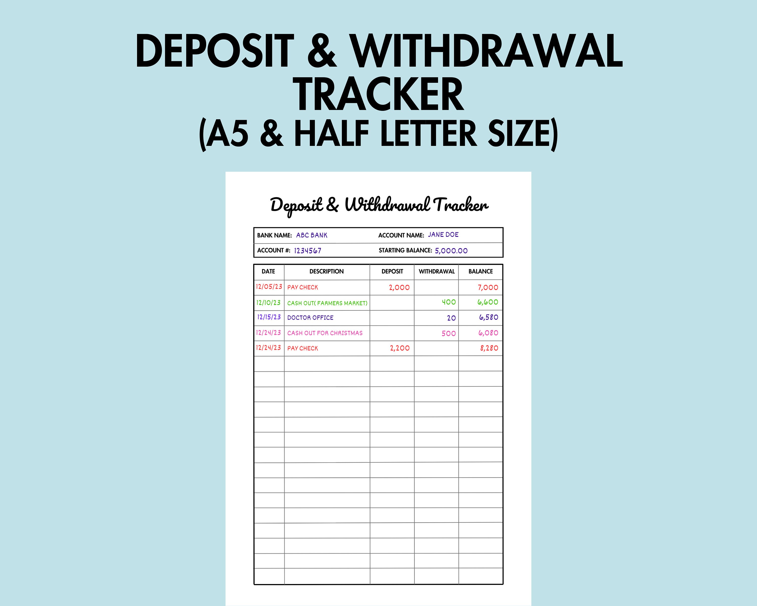 Deposit & Withdrawal Tracker Printable Bank Account Ledger PDF ...