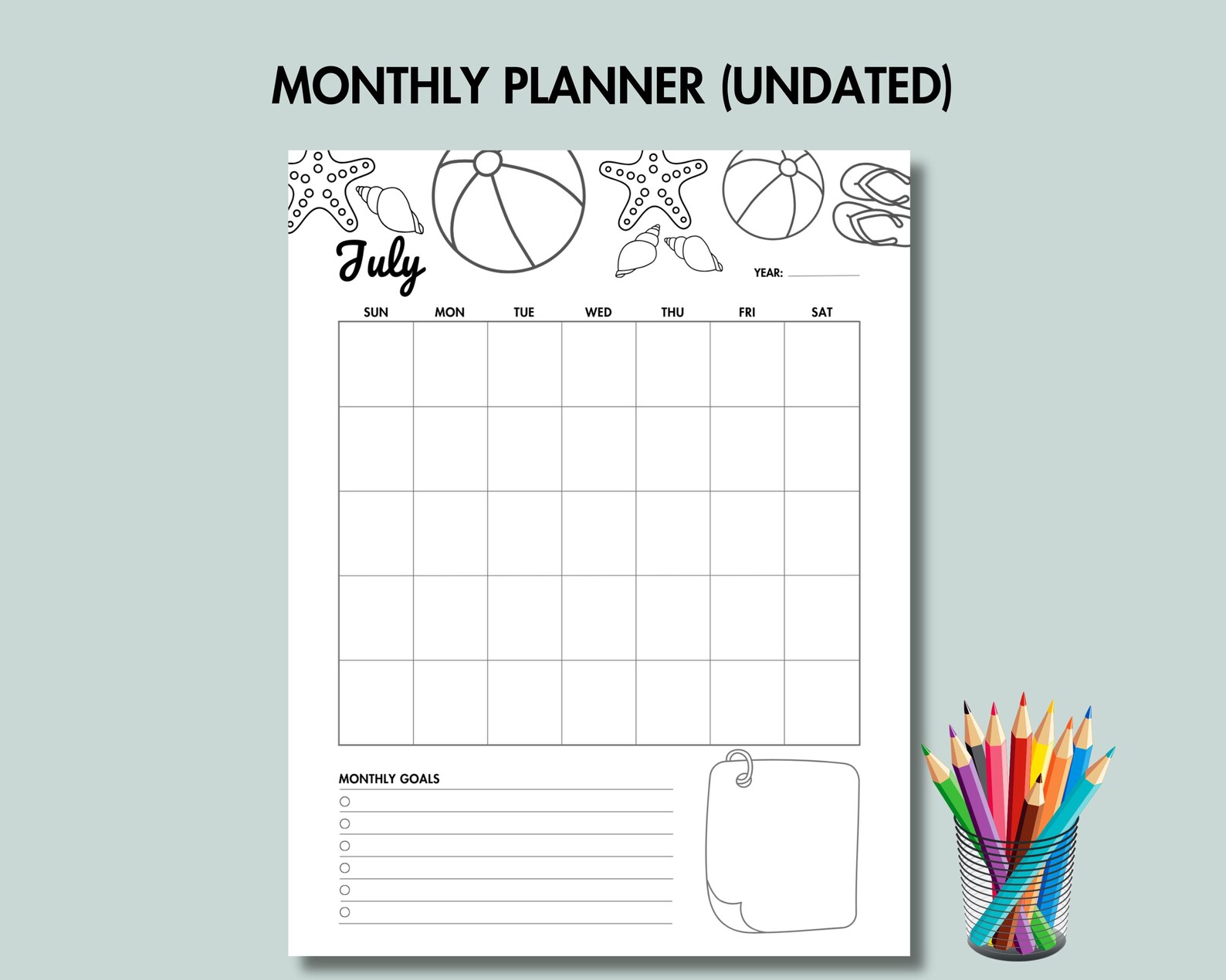 July Journal Title Page & July Monthly Planner Undated Printable July ...