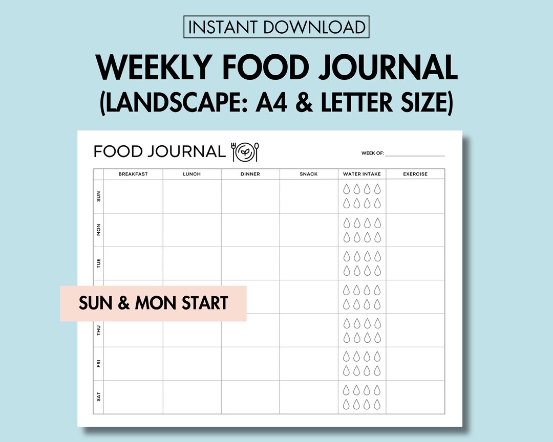 Weekly Food Journal Printable Weekly Food Diary, Meal Planner and Water ...