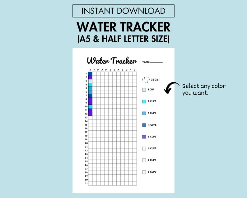 Water Tracker Daily Monthly Yearly Printable, Hydration Tracker A5 ...