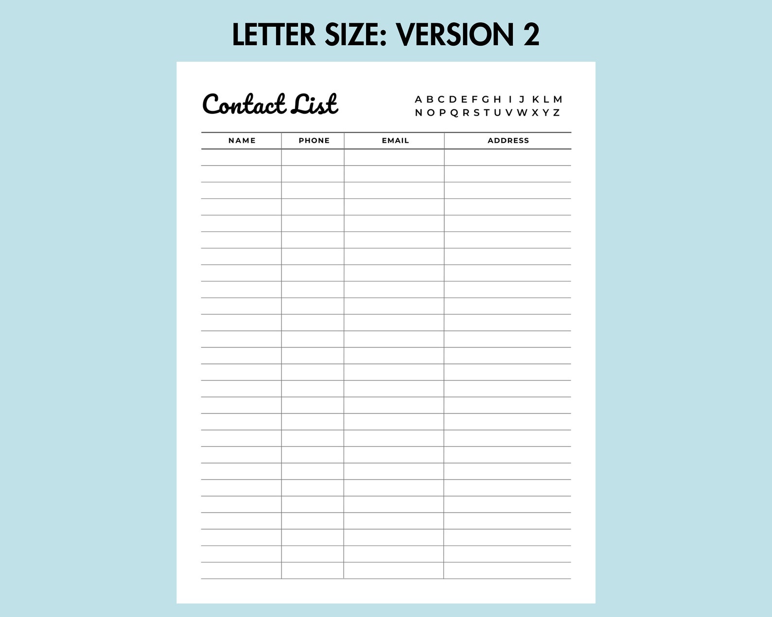 Contact List Printable Address Book PDF Phone Number Organizer ...