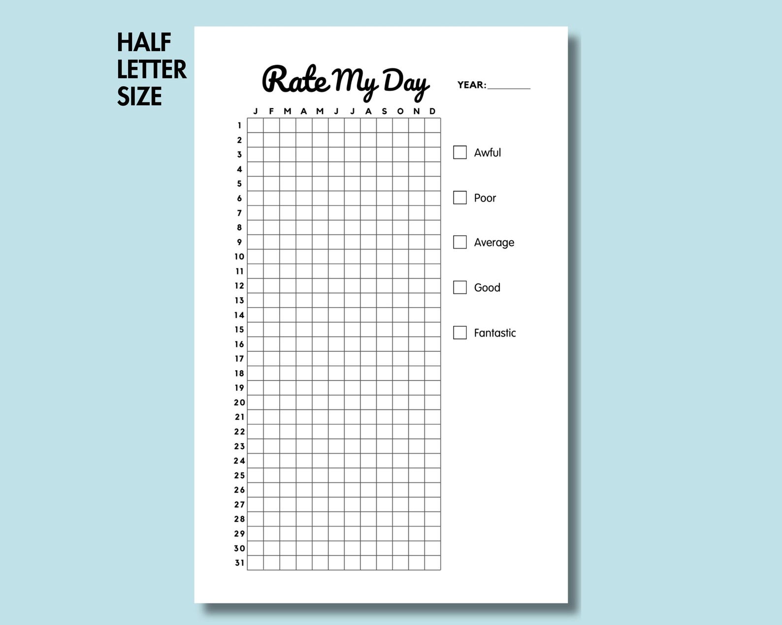 Rate My Day Tracker Printable Daily Rating Tracker Year in Pixels ...