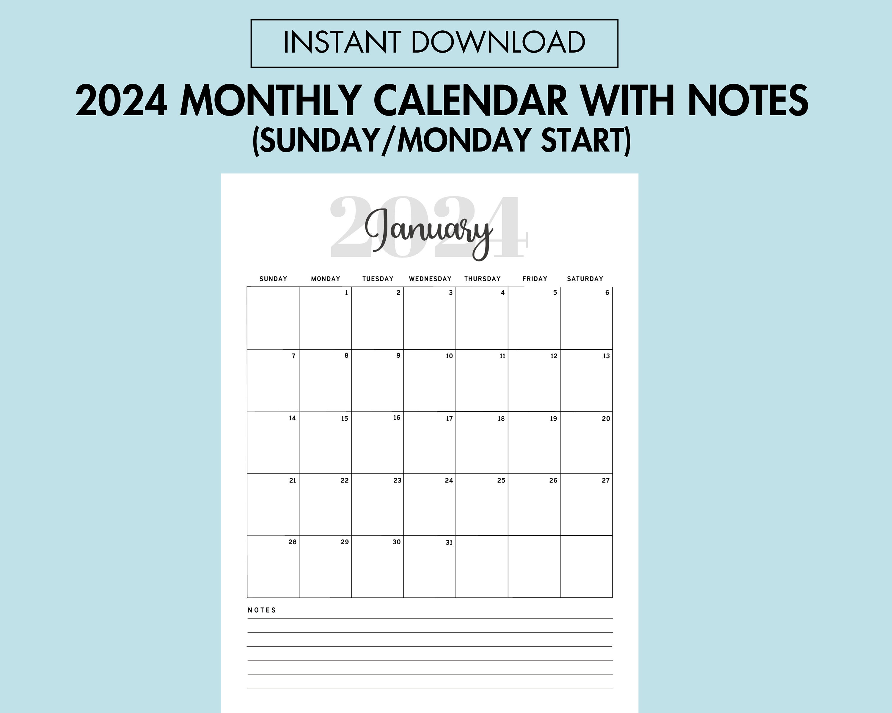 2024 Monthly Calendar Printable Planner Instant Download, 2024 Yearly ...