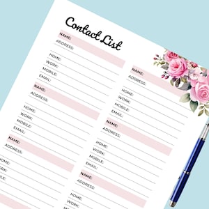 Contact List Printable Contact Organizer PDF Address Book Page, Friend ...
