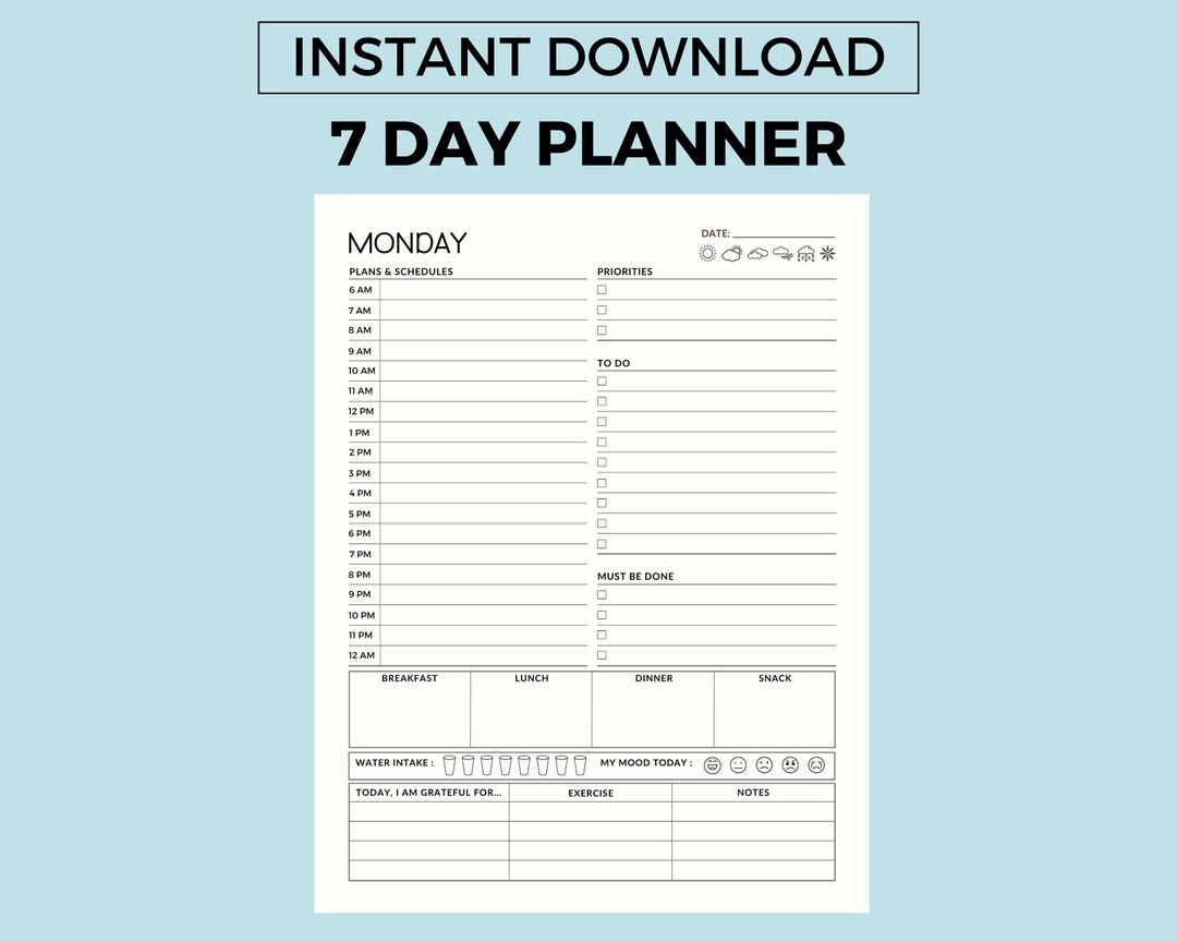 7 Day Planner Printable Digital Download 7 Day Self Care - Etsy