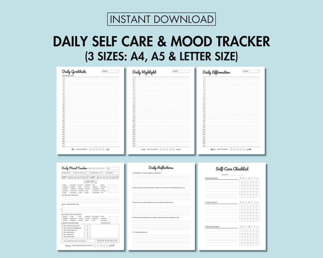 Daily Self Care Tracker Printable Mood Tracker Journal With Journal ...