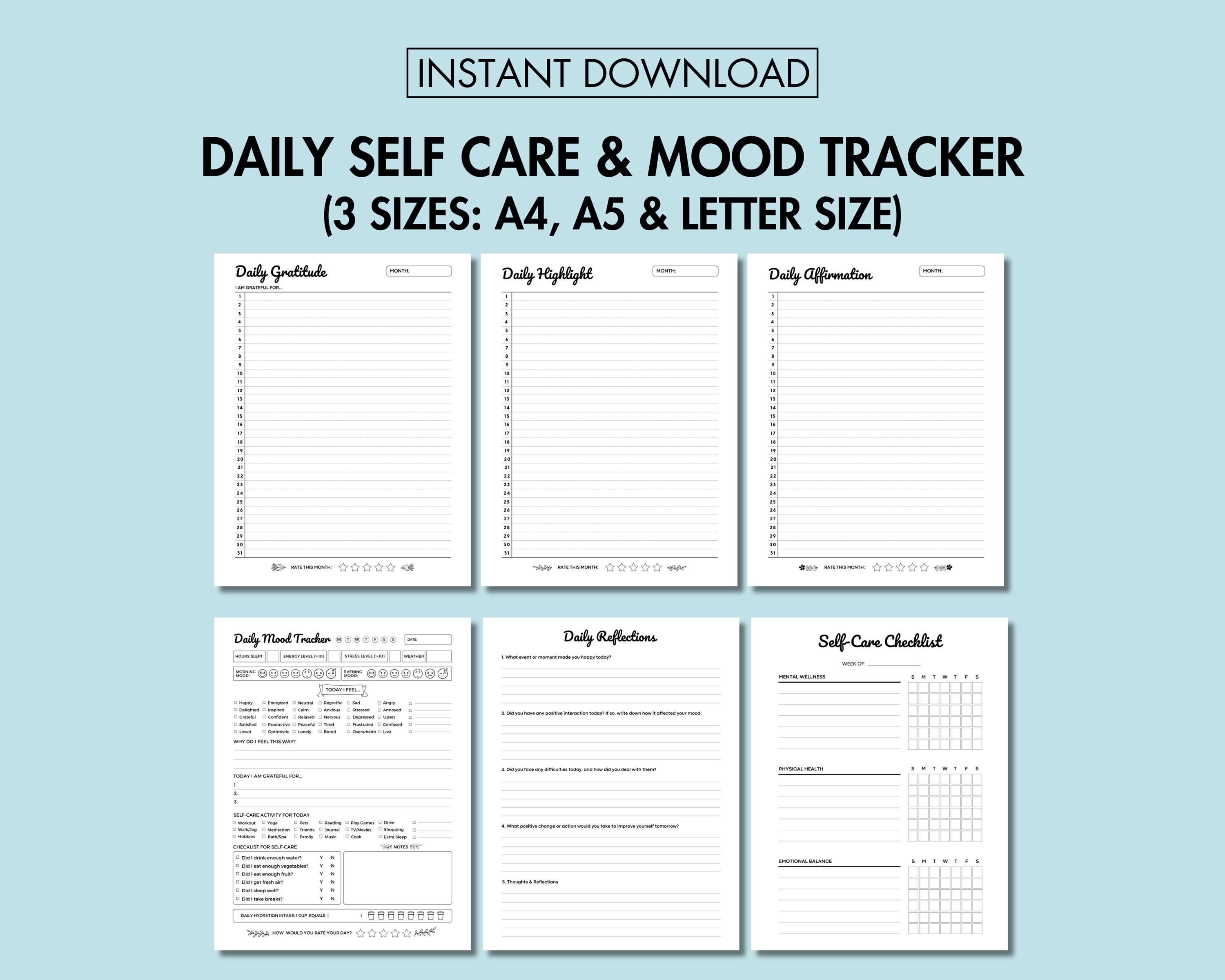 Daily Self Care Tracker Printable Mood Tracker Journal With Journal ...