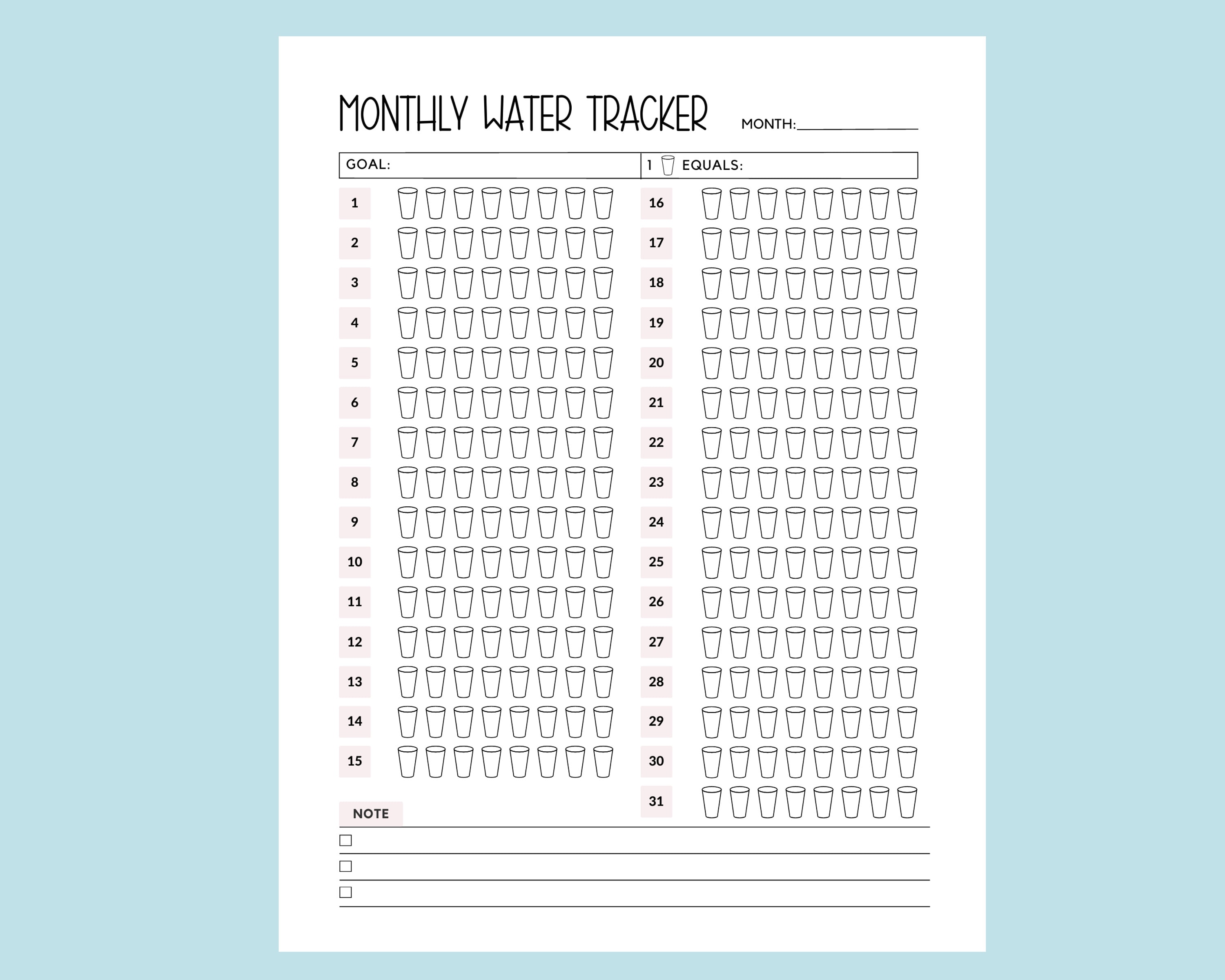 Water Tracker Printable Instant Download, Monthly Water Log Sheet ...