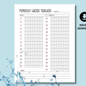 Water Tracker Printable Instant Download Monthly Water Intake Log Sheet ...