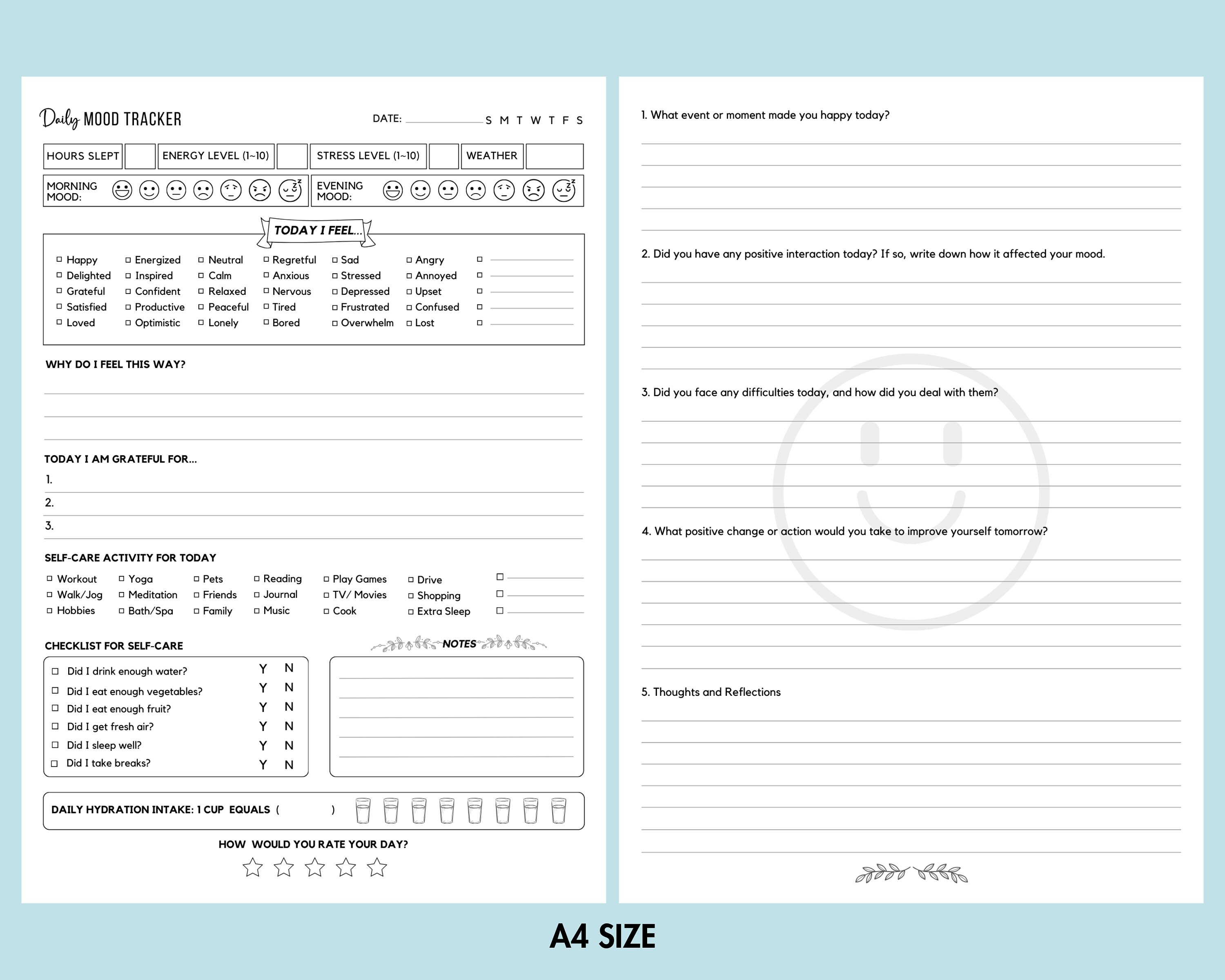 Daily Mood Tracker Journal Printable Self Care Planner - Etsy