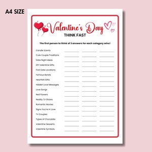 Valentine Think Fast Game Printable Valentine Day Party Game Instant ...