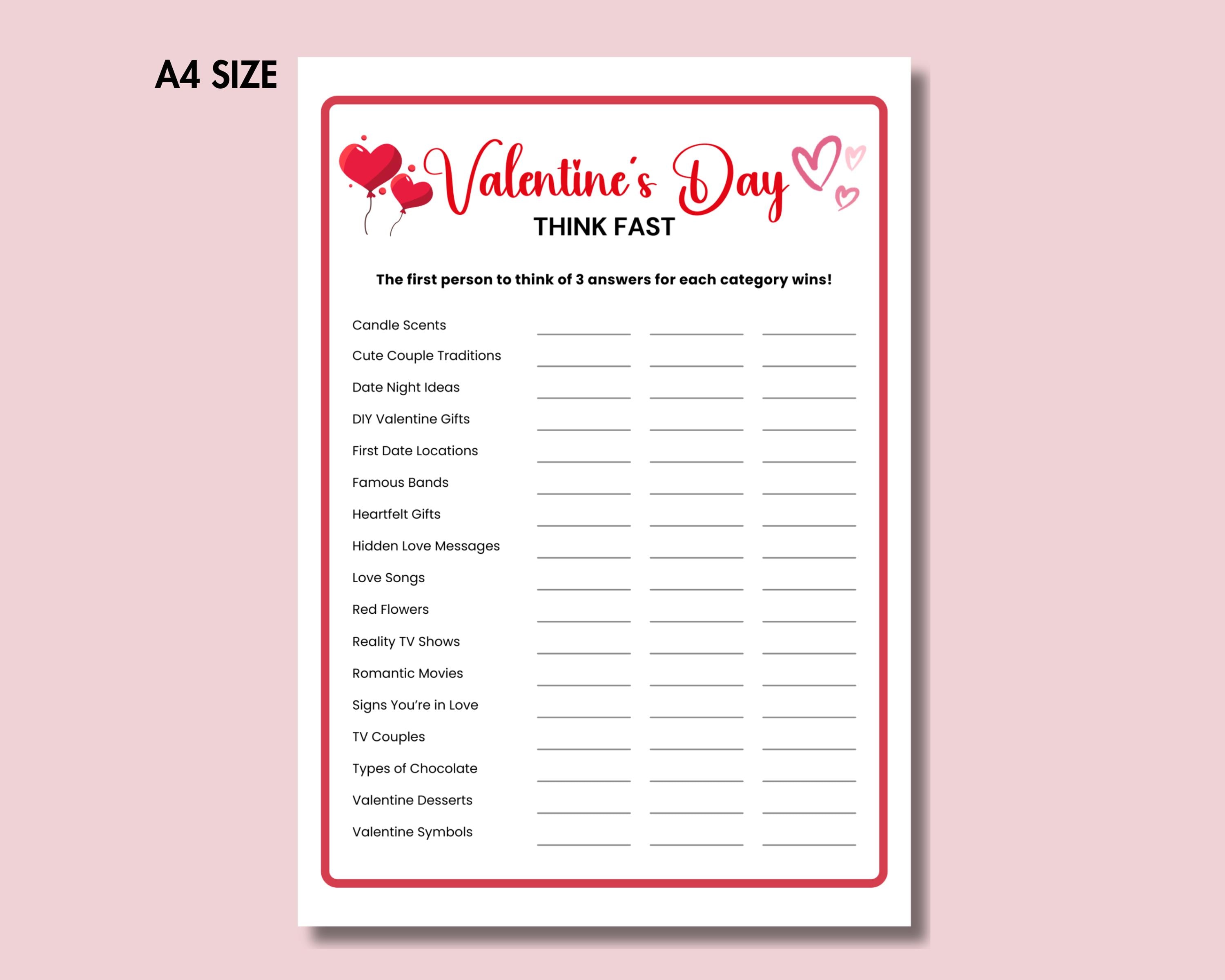 Valentine Think Fast Game Printable Valentine Day Party Game Instant ...