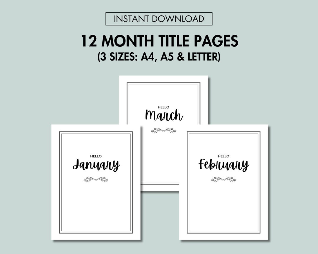 Planner Title Pages Printable Monthly Journal Cover Page 12 Month ...