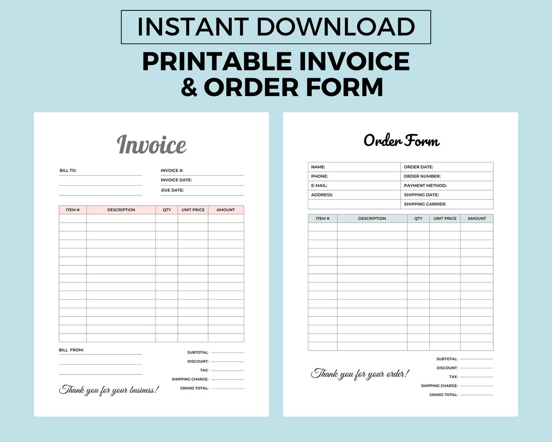 Business Invoice Printable, Order Form Printable Instant Download ...