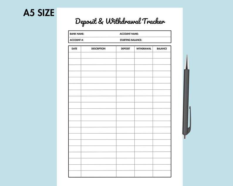 Deposit & Withdrawal Tracker Printable Bank Account Ledger PDF ...