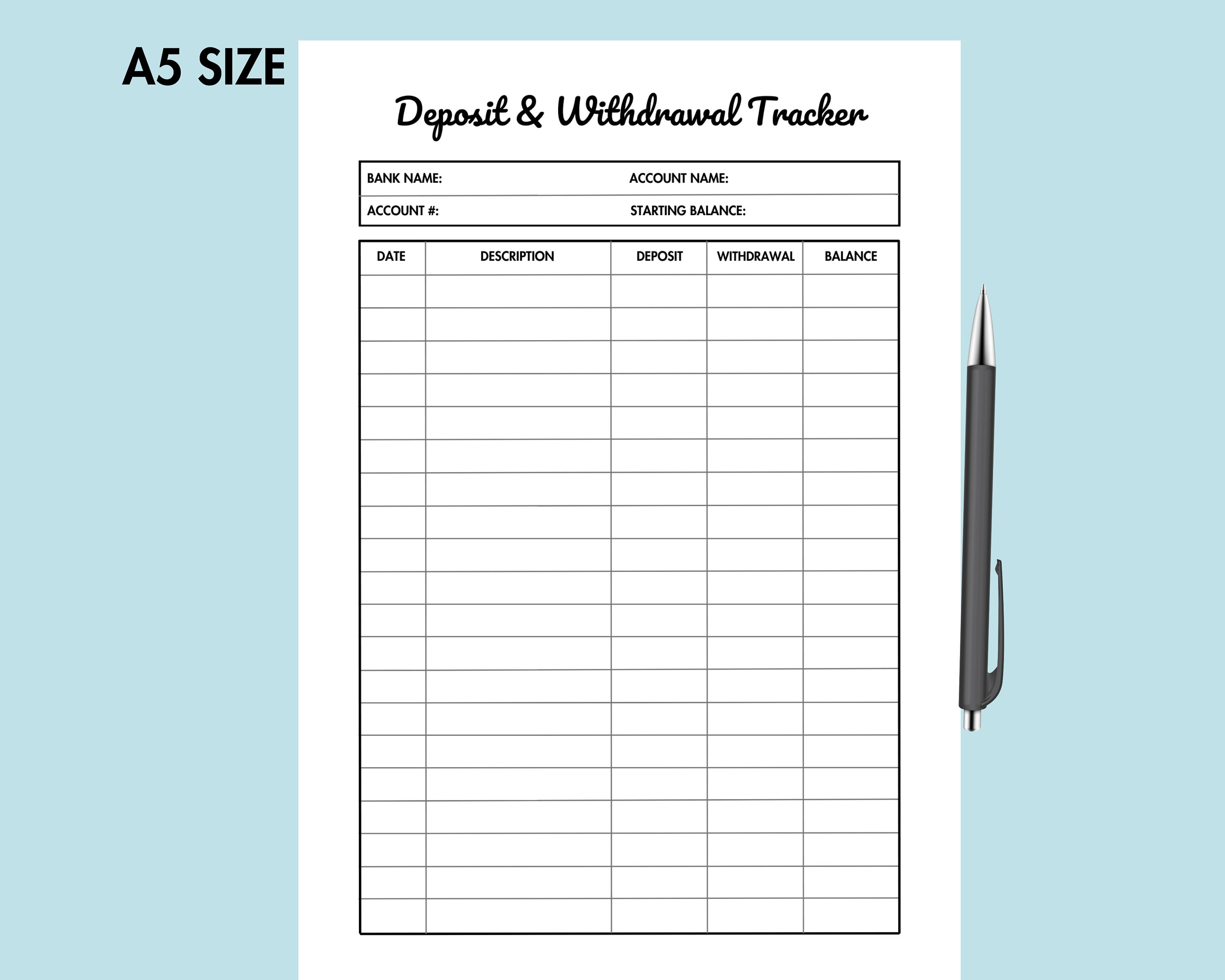 Deposit & Withdrawal Tracker Printable Bank Account Ledger PDF ...