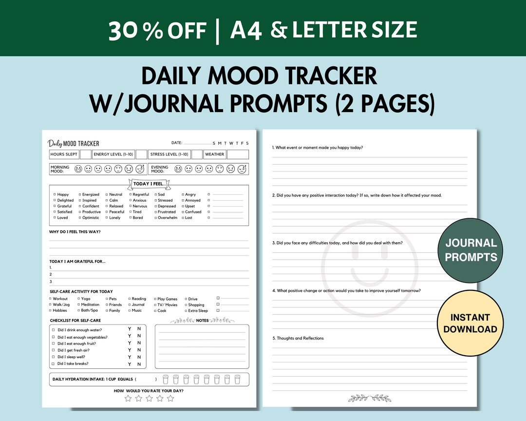 Daily Mood Tracker Journal Printable Self Care Planner Checklist PDF ...