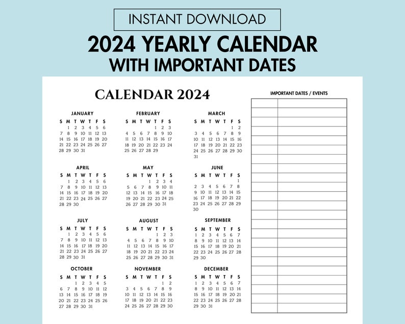 2024 Yearly Calendar With Important Dates Year at a Glance - Etsy