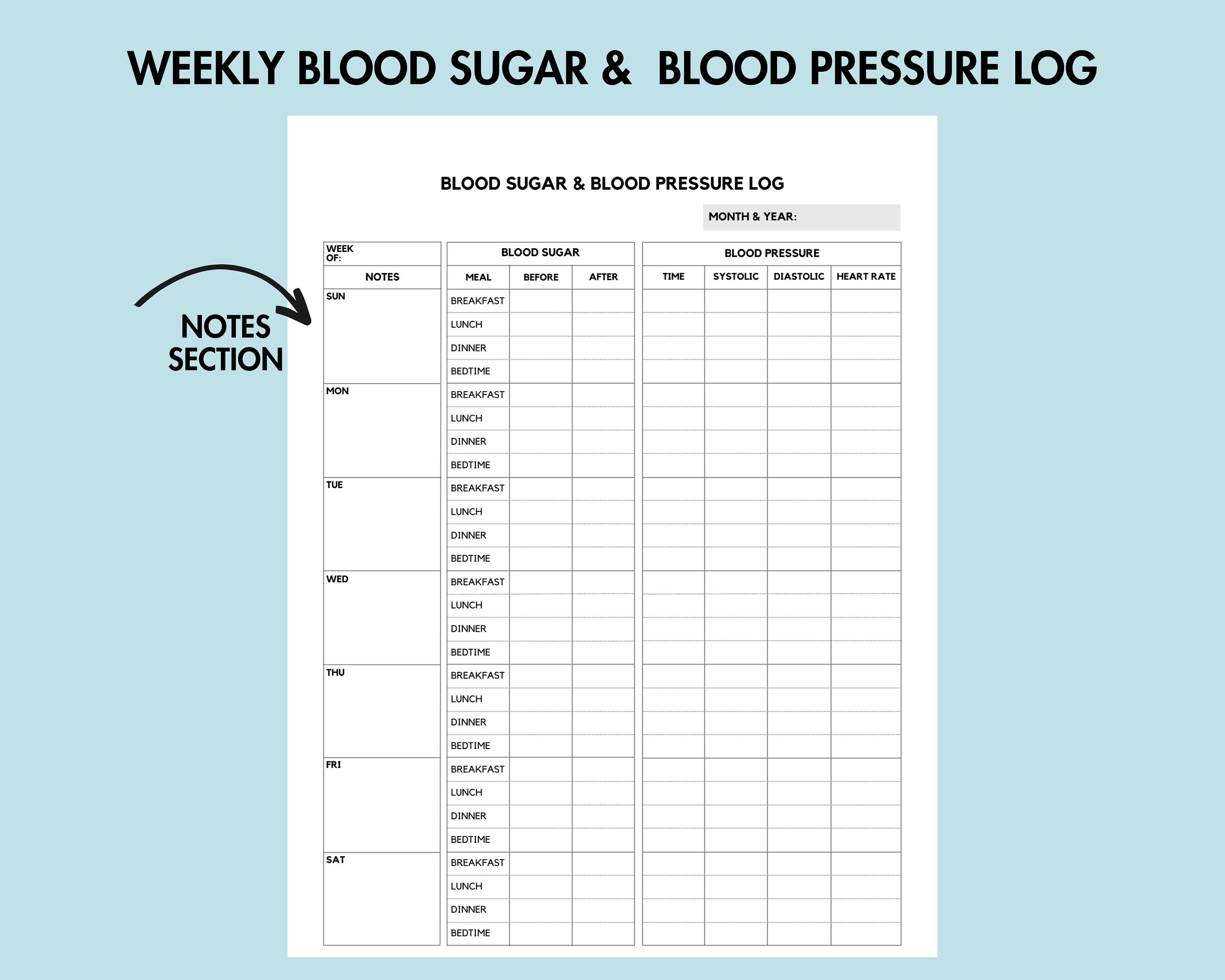 Blood Sugar and Blood Pressure Log Printable Weekly Blood Sugar Record ...