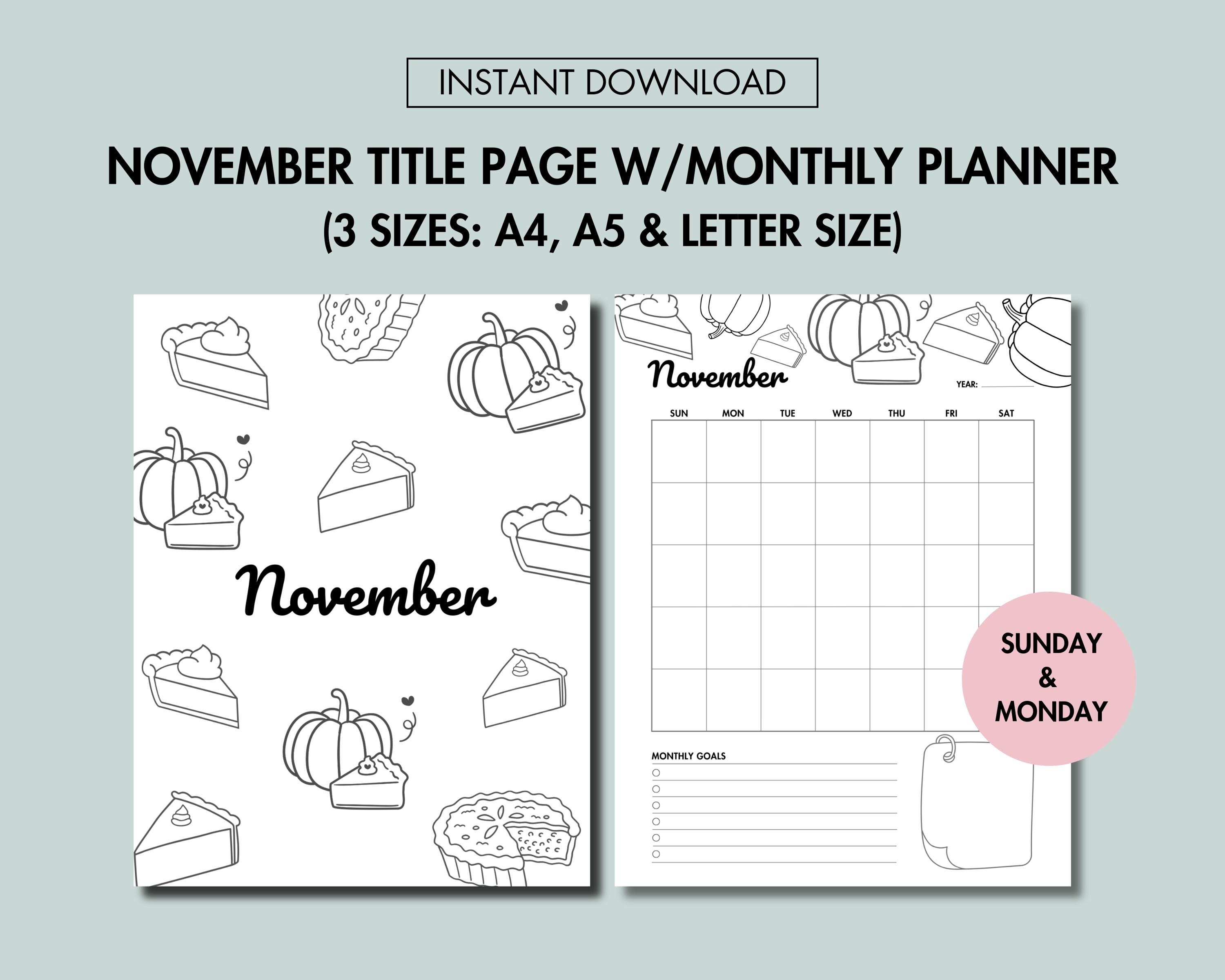 November Planner Title Page & November Monthly Planner Undated Set ...