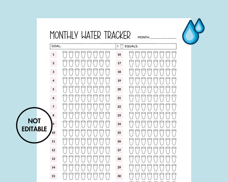 Water Tracker Printable Instant Download Monthly Water Intake Log Sheet ...
