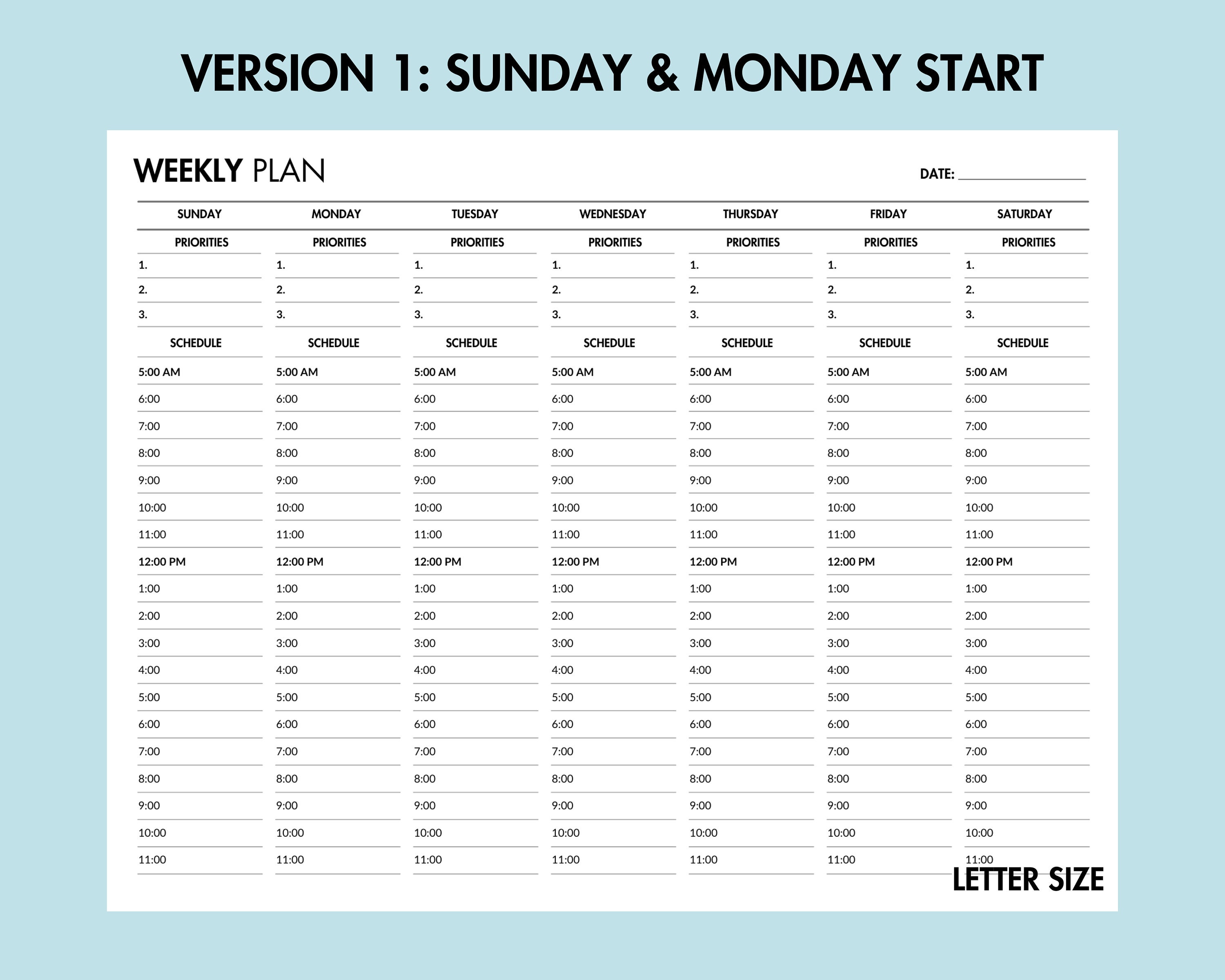 Weekly Hourly Schedule Planner Printable Weekly Hourly Productivity ...