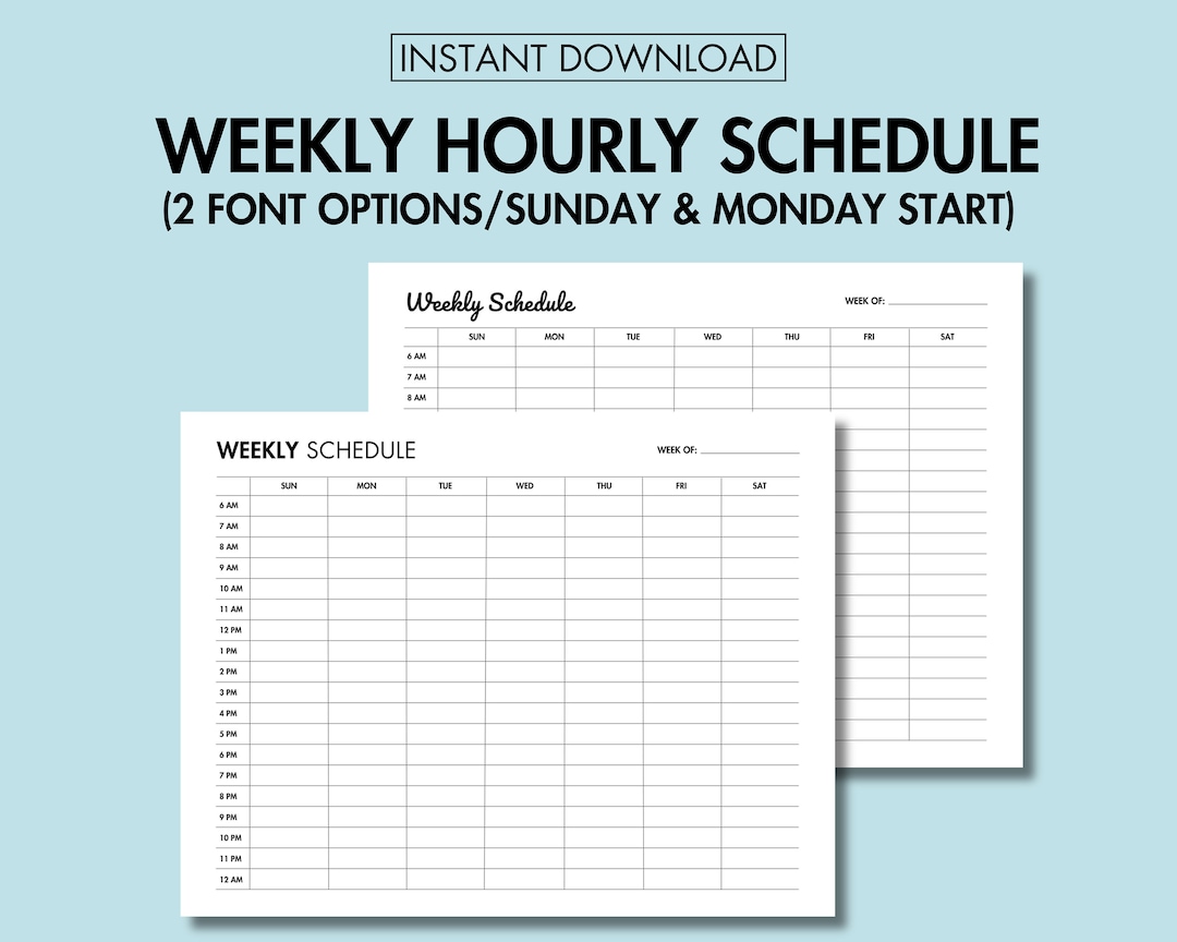 Weekly Hourly Schedule Printable Weekly Hourly Organizer PDF, Weekly ...