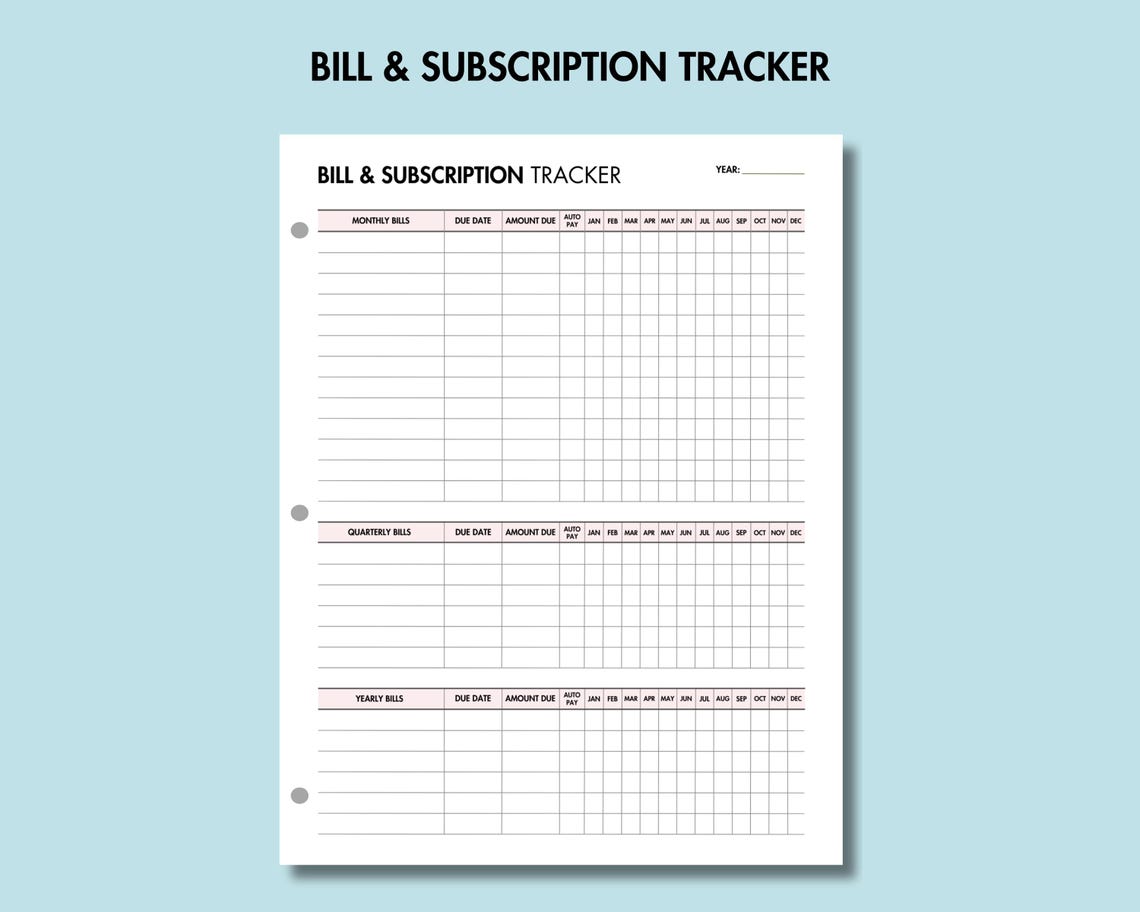 Bill Payment Tracker Printable Monthly Quarterly Yearly Bill and ...