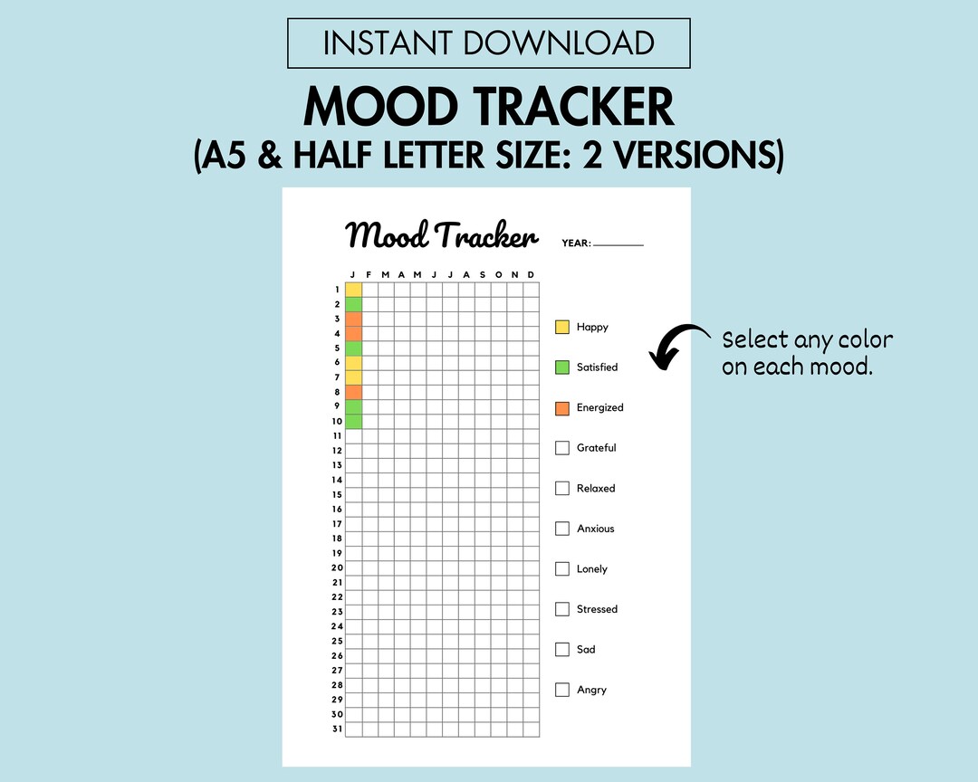 Mood Tracker Printable Daily Monthly Mood Tracker, A5 and Half Letter ...