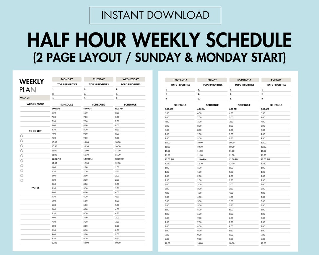 Half Hour Weekly Planner With Time Block Printable Minimalist Half Hour ...