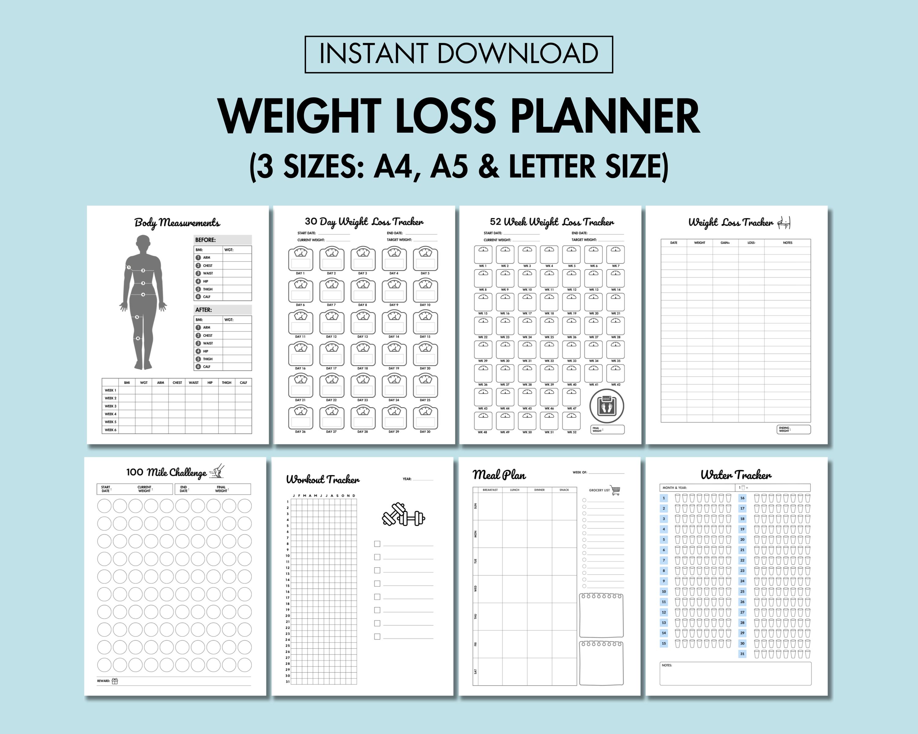 Weight Loss Tracker Printable Body Measurement Log Weight Management ...