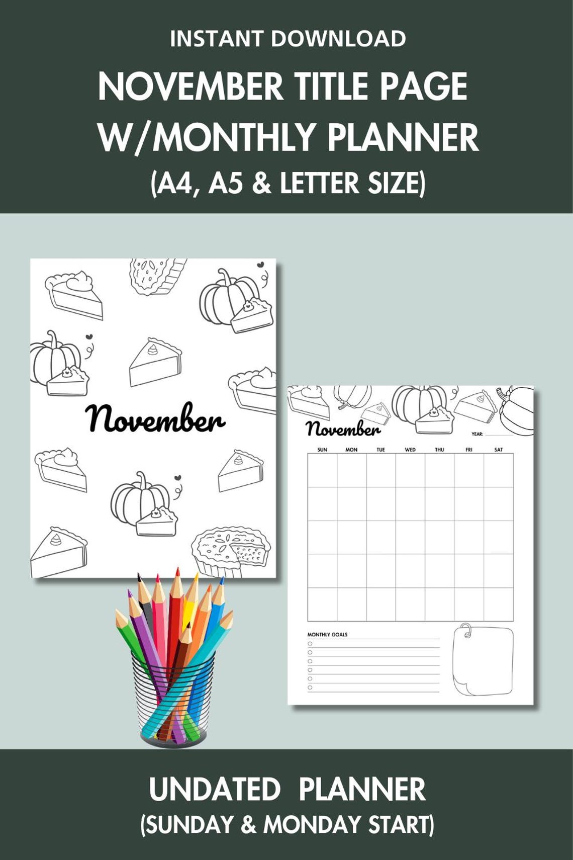November Planner Title Page & November Monthly Planner Undated Set ...