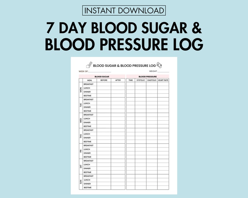 Blood Sugar Log and Blood Pressure Log Printable Blood Sugar Monitor ...