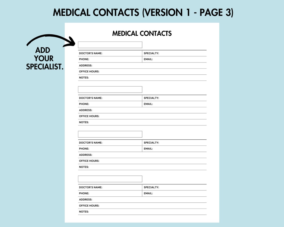 Emergency Contact List Printable Medical Contact Information Sheet PDF ...