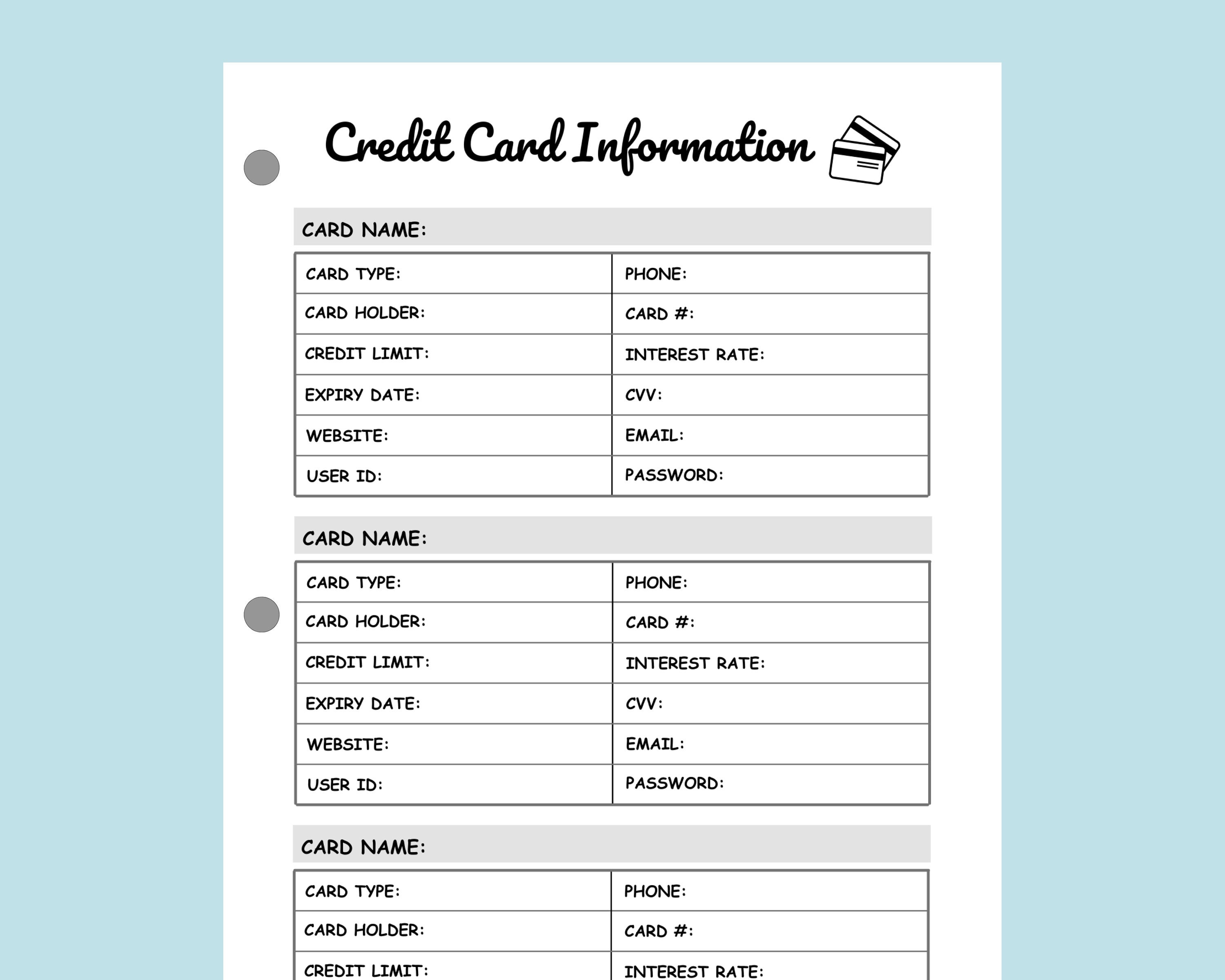 Credit Card Information Log Printable Credit Card Account Login Info ...