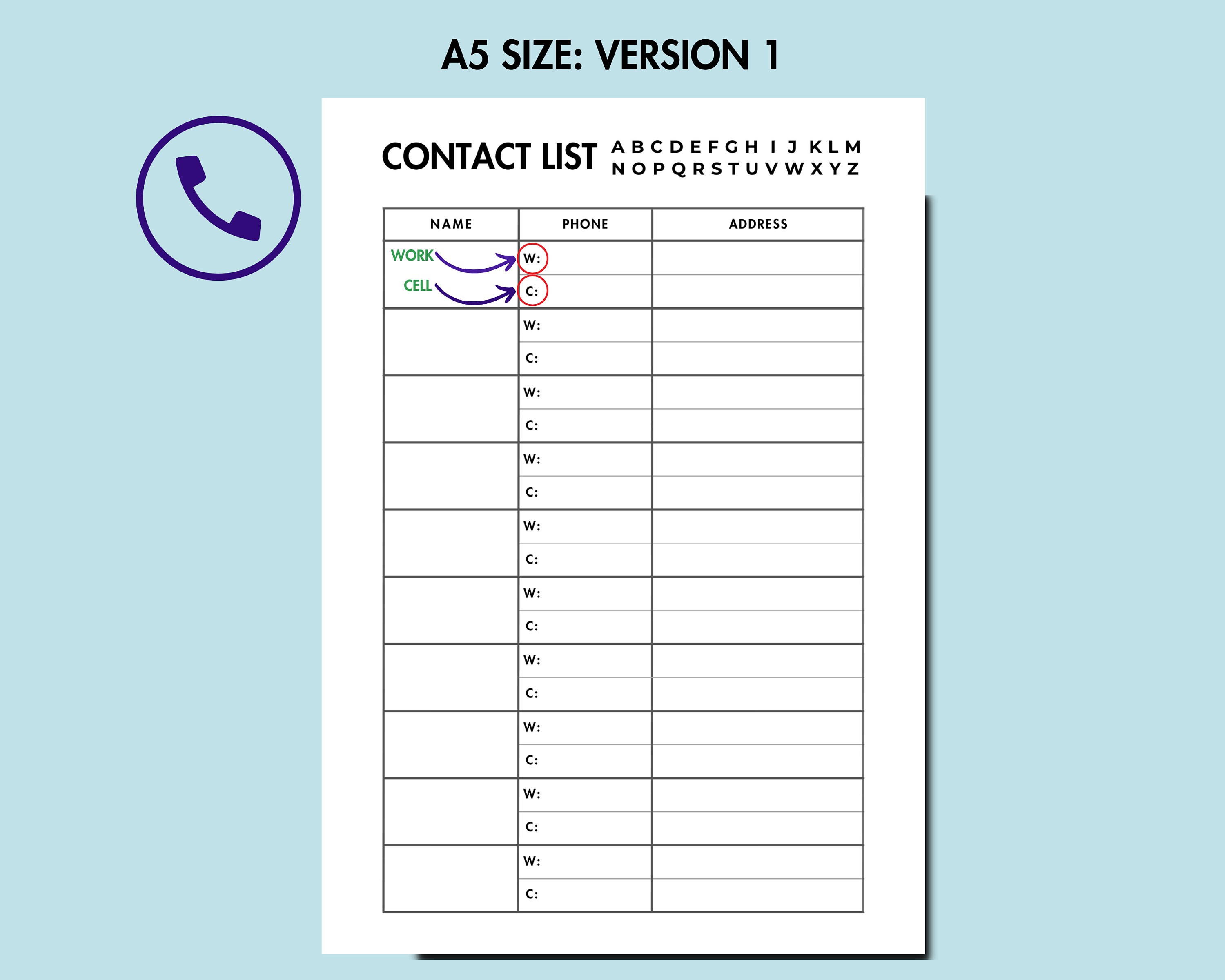Contact List Printable Emergency Contact Information PDF Address Book ...