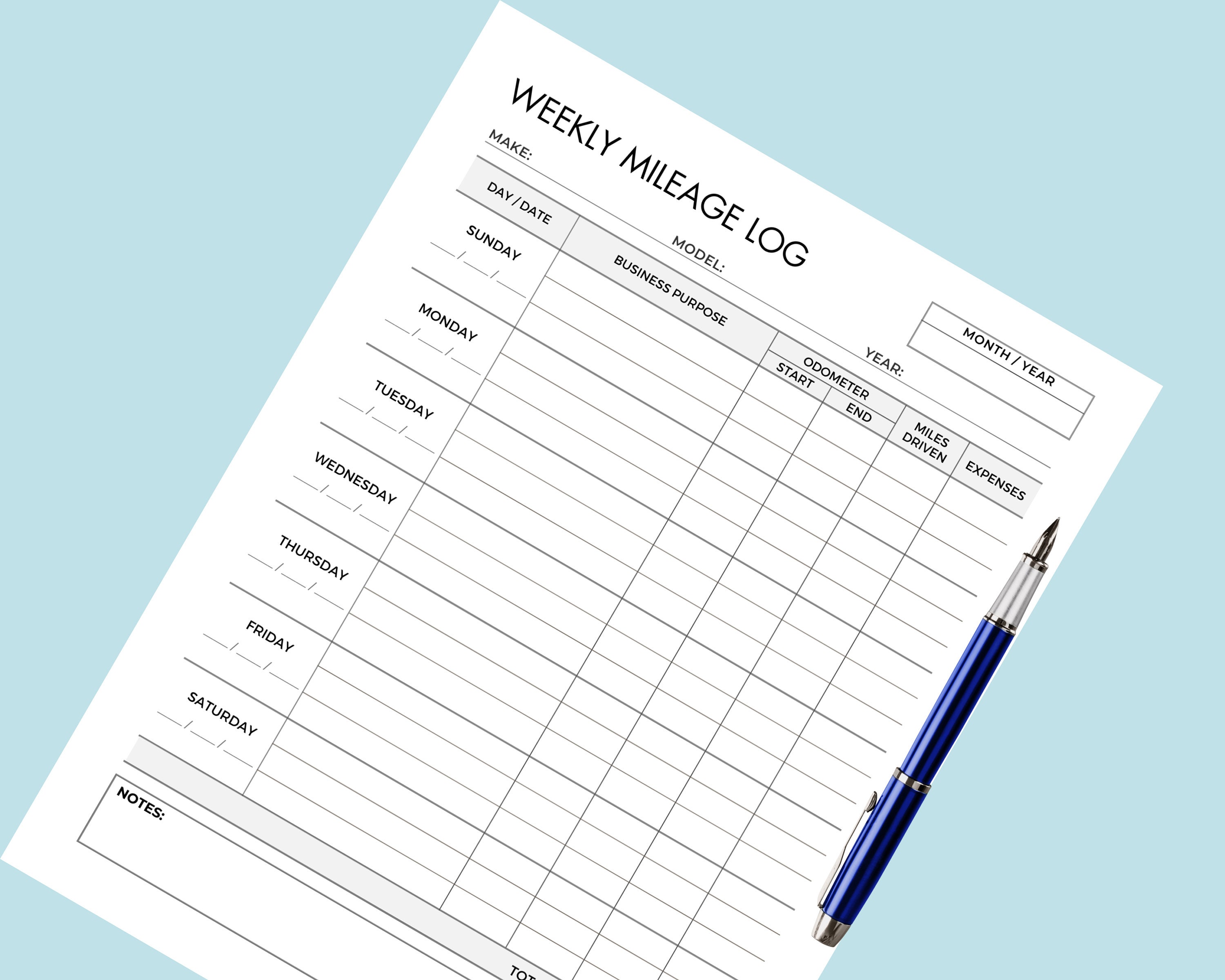 Weekly Business Mileage Log Printable Weekly Mileage Log Tracker PDF ...