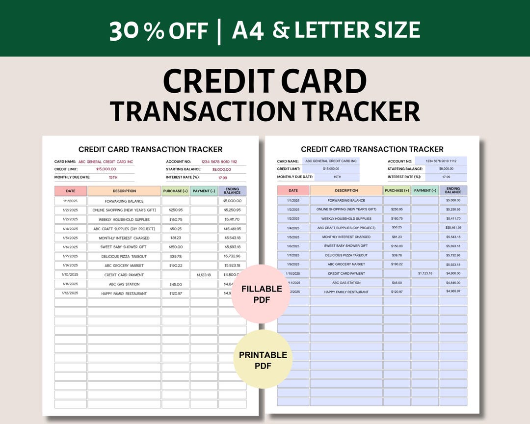 Credit Card Transaction Tracker Printable and Fillable Credit Card Debt ...