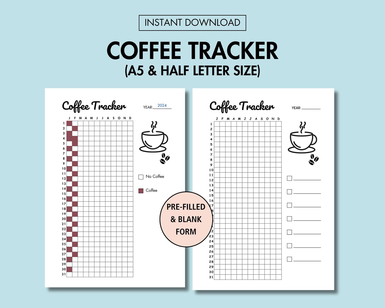 Coffee Tracker Printable Caffeine Tracker No Coffee Challenge Year in ...