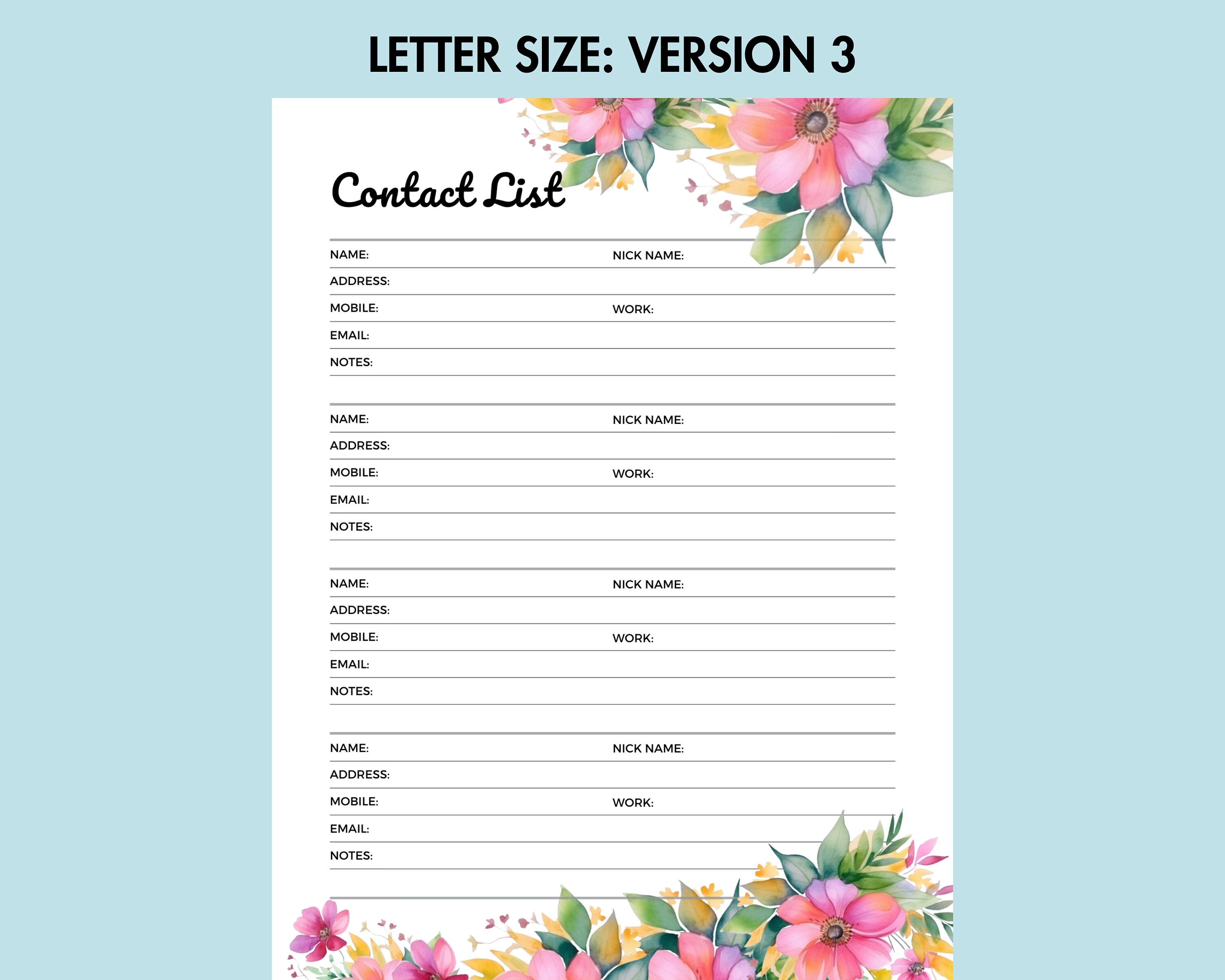 Contact List Printable Address Book PDF Phone Number Organizer ...