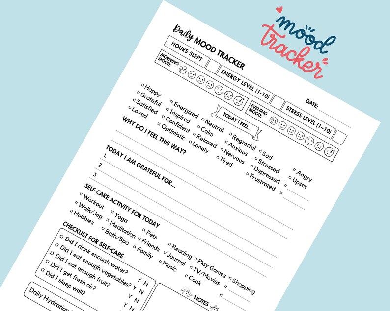 Daily Mood Tracker Printable Mood Journal, Self Care Checklist, Daily ...