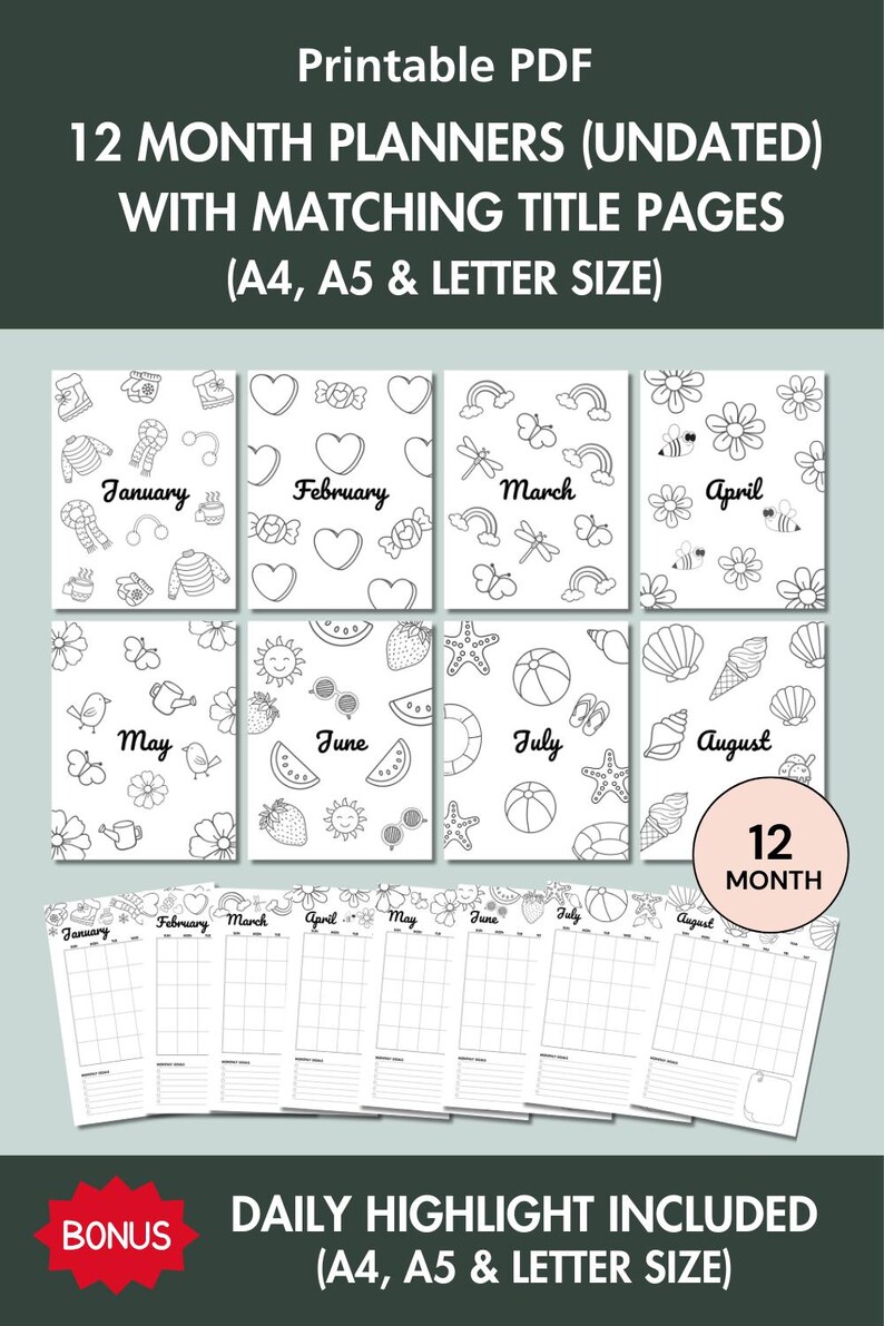 Monthly Journal Title Page and Undated Monthly Planner Set Printable ...